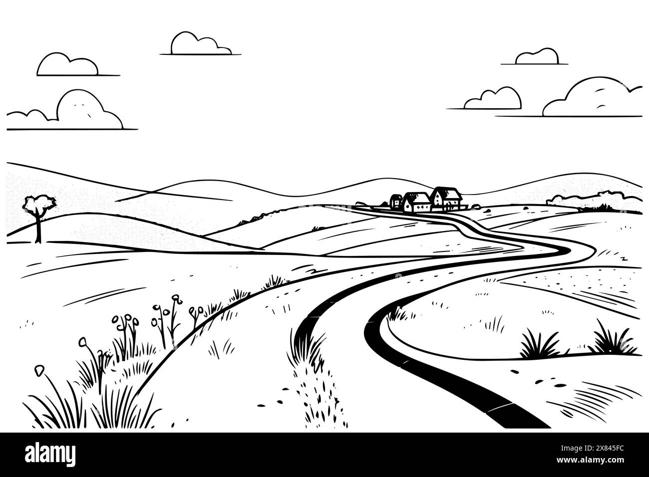 Desert road hand drawn ink sketch highway landscape. Engraved style ...
