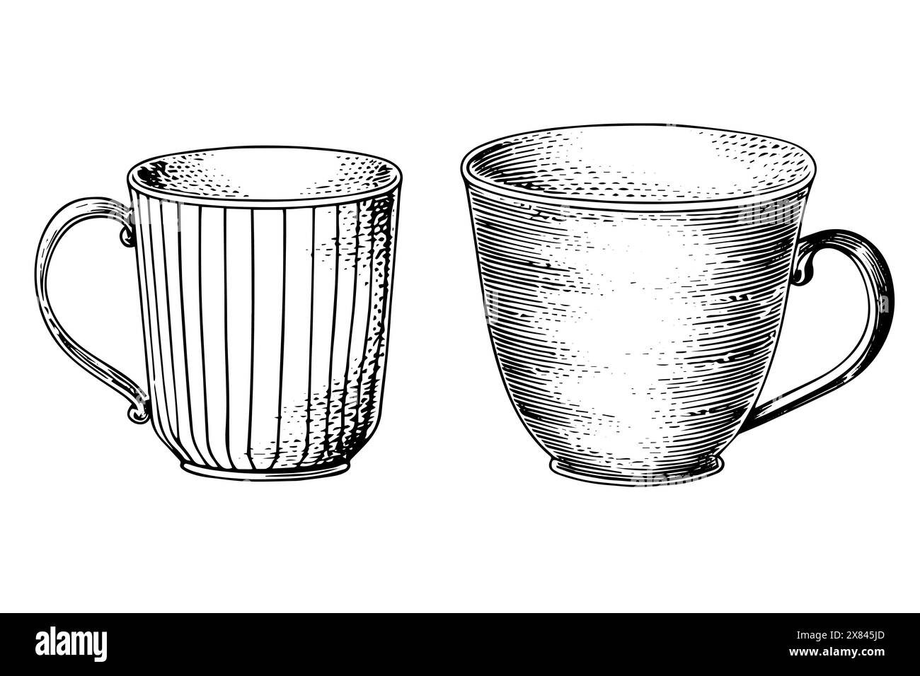 Set of vintage cups or mugs hand drawn ink sketch. Engraved style ...