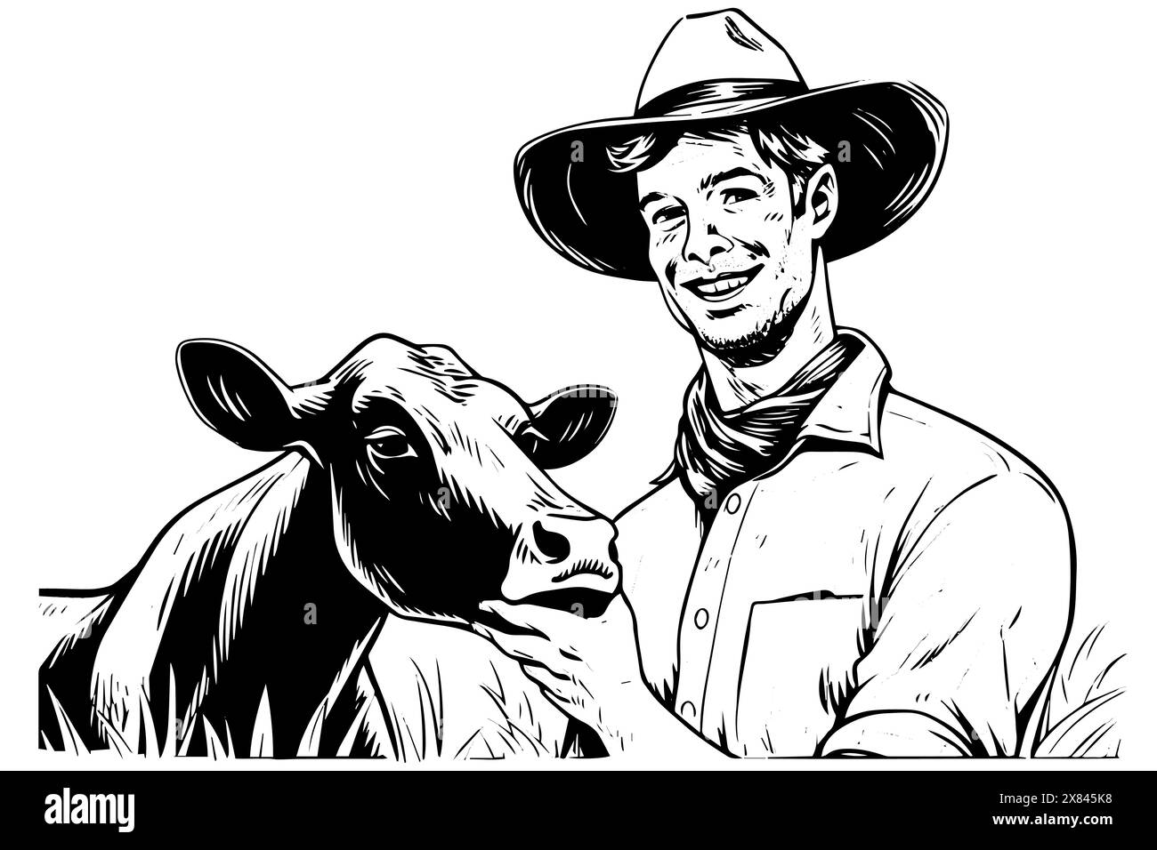 Cow and farmer on the field illustration. Agriculture icon logo vector ...