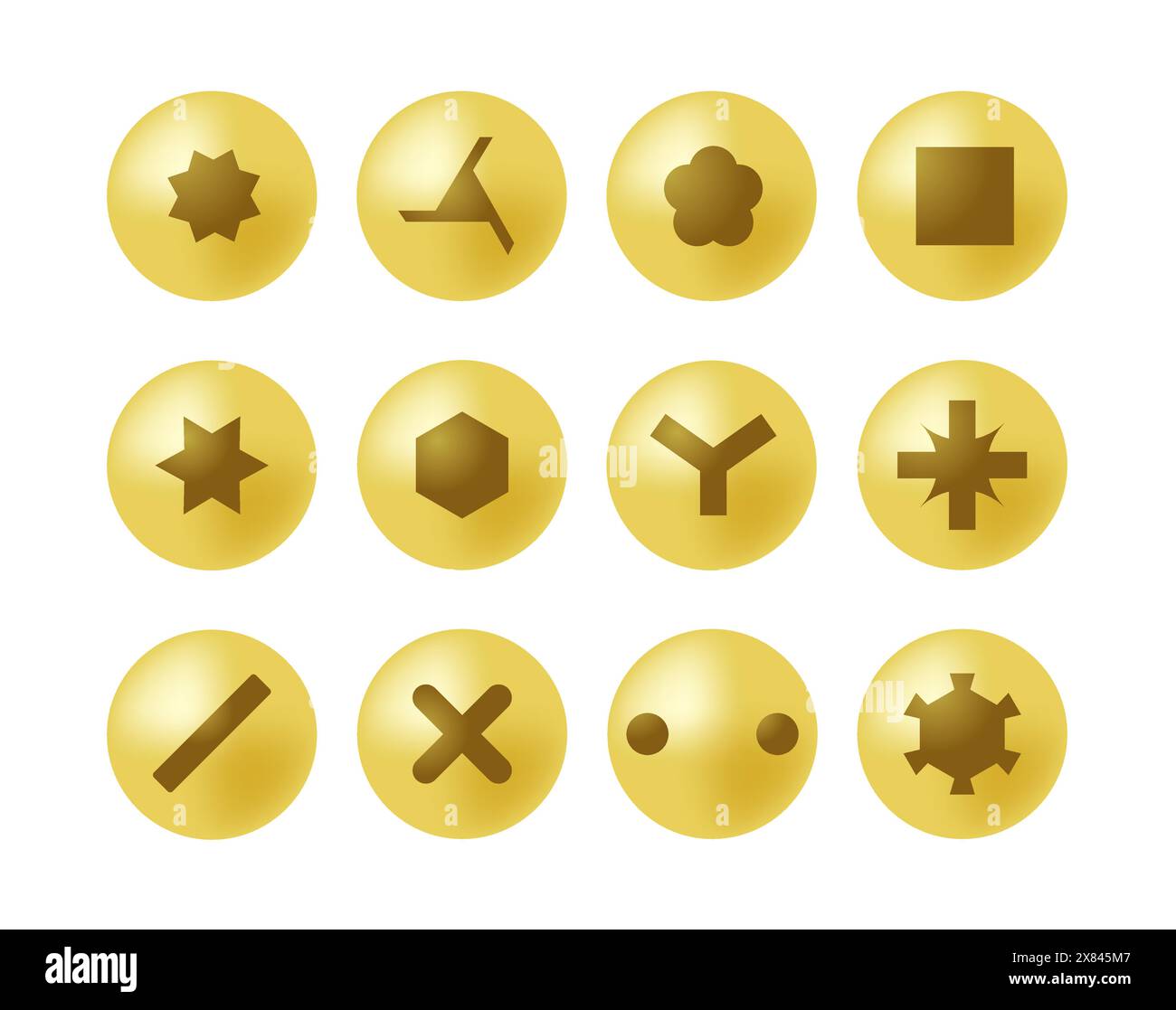 Set of gold screw heads. Stainless steel bolts. Nails and rivets. Top ...