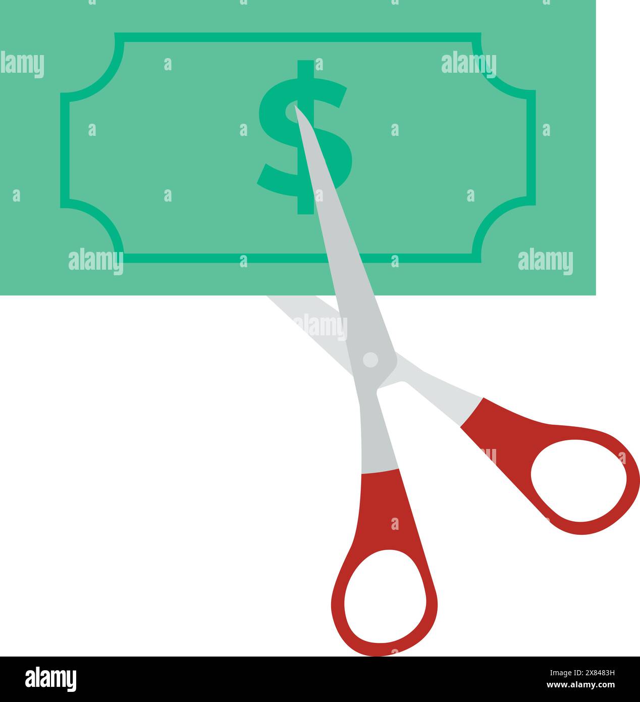 Cutting or lowering price concept. scissors cutting money bill in half ...