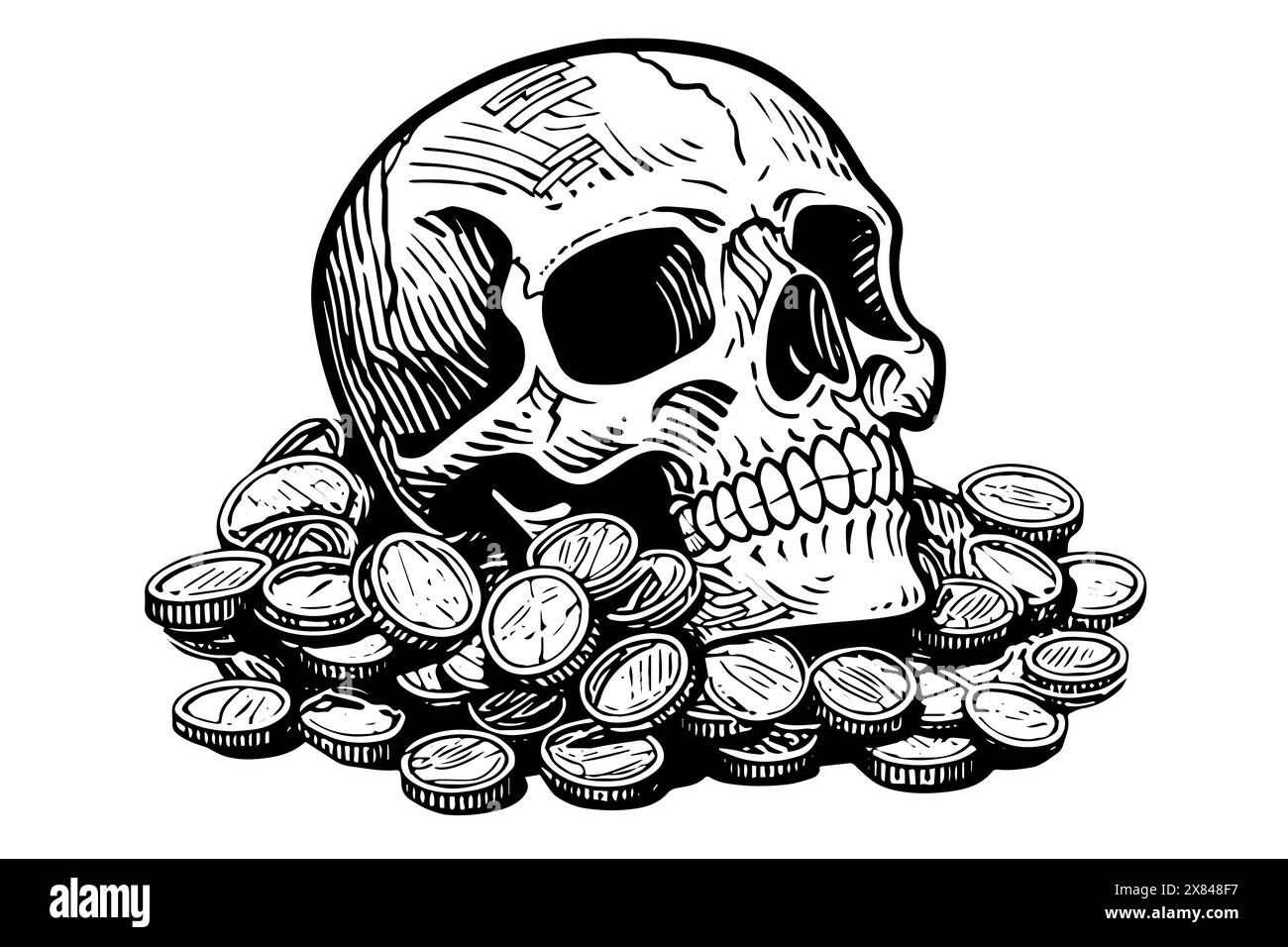 Skull lies on the coins hand drawn ink sketch. Engraved style vecotr ...