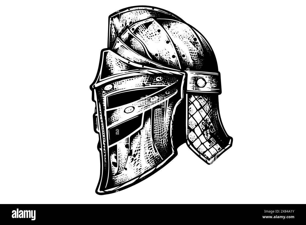 Knight helmet hand drawn ink sketch. Engraved style vector illustration ...