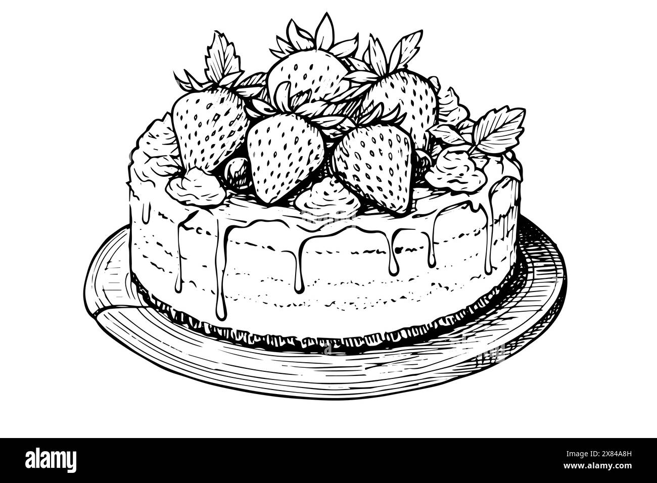 Strawberry cake hand drawn ink sketch. Engraved style vector ...