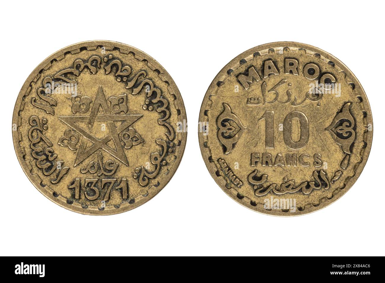 Moroccan coin worth 10 francs with star and Arabic script, obverse and ...