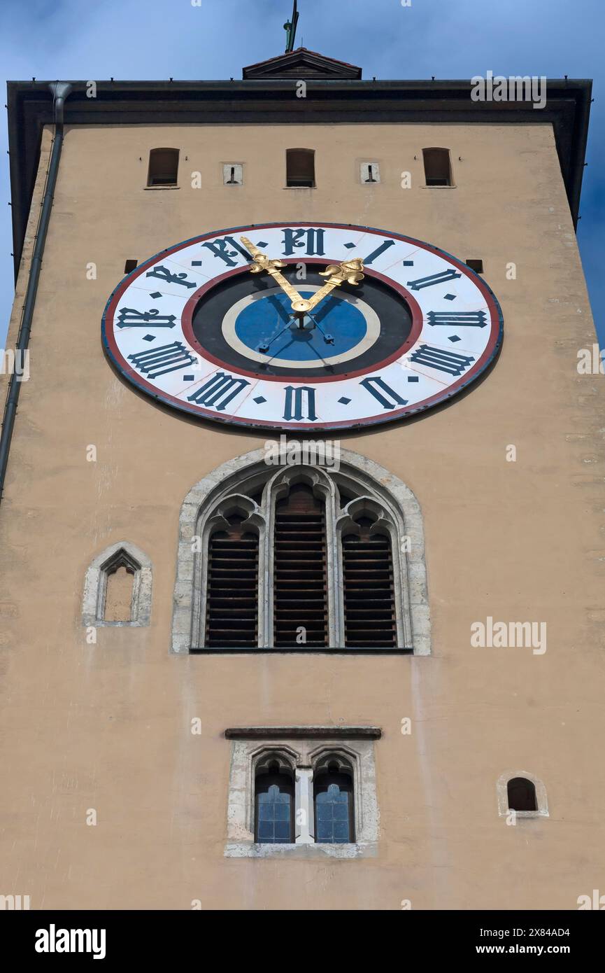 Tower clock on the old town hall tower, Regensburg, Upper Palatinate ...