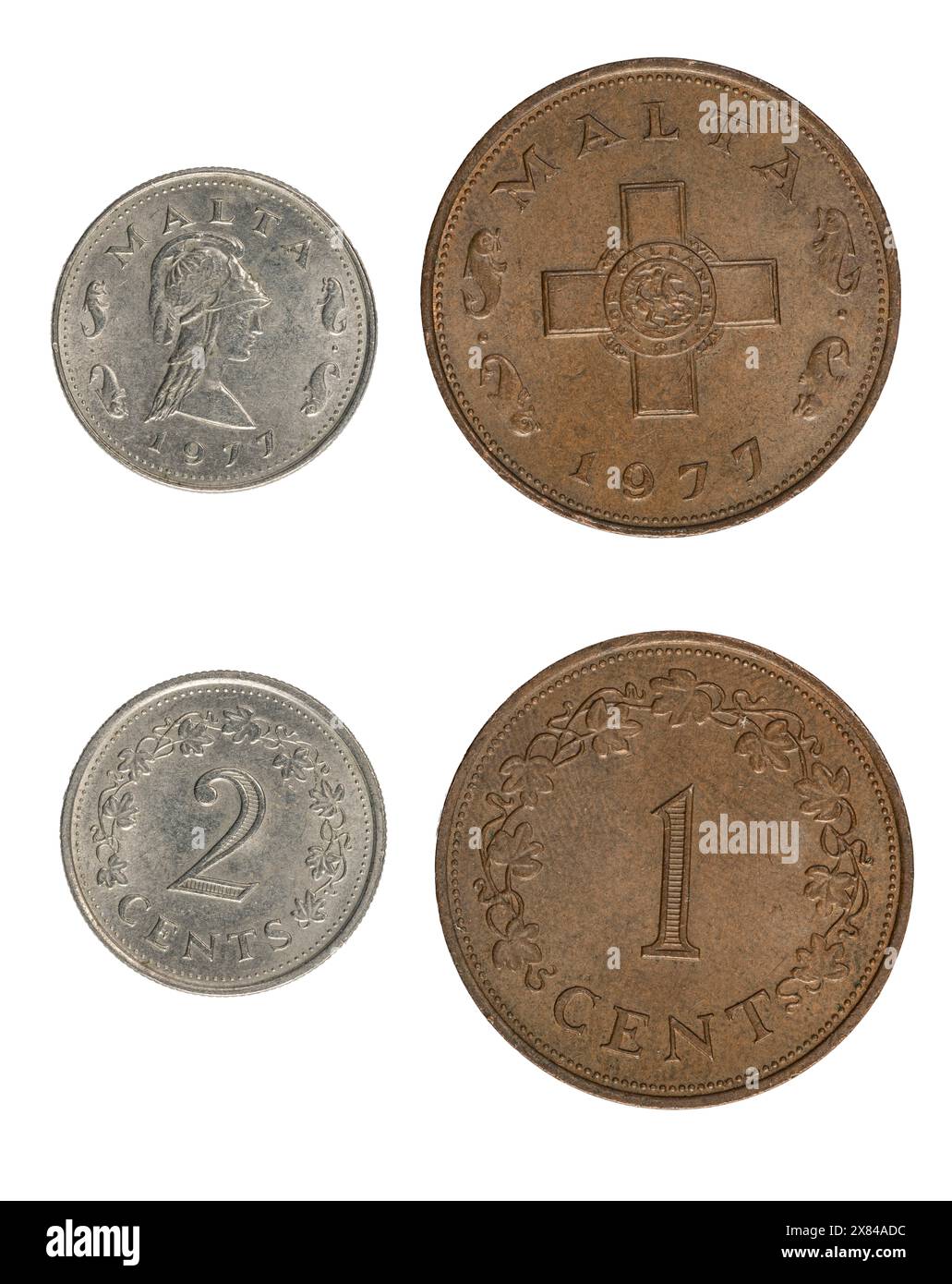Two coins from Malta, 1 cent and 2 cents, dated 1977, obverse and ...