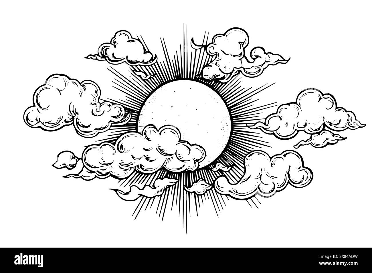 Sun with clouds hand drawn ink sketch. Engraved style vector illustration Stock Vector Image ...