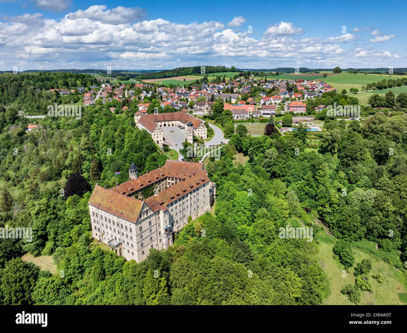 Aerial view of Heiligenberg Castle, a Renaissance-style castle complex ...