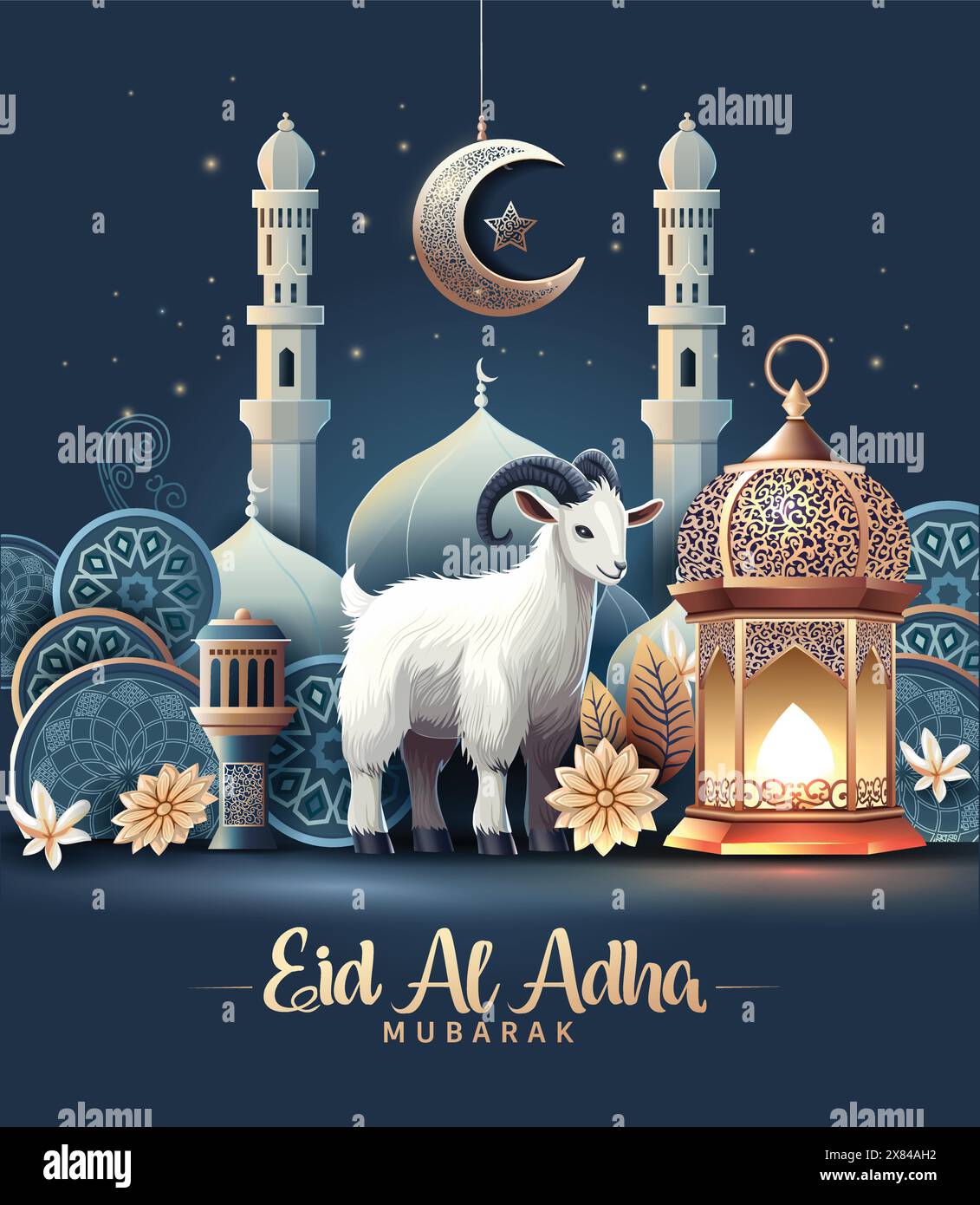 beautiful Eid al Adah art greetings with golden lantern, half moon and ...