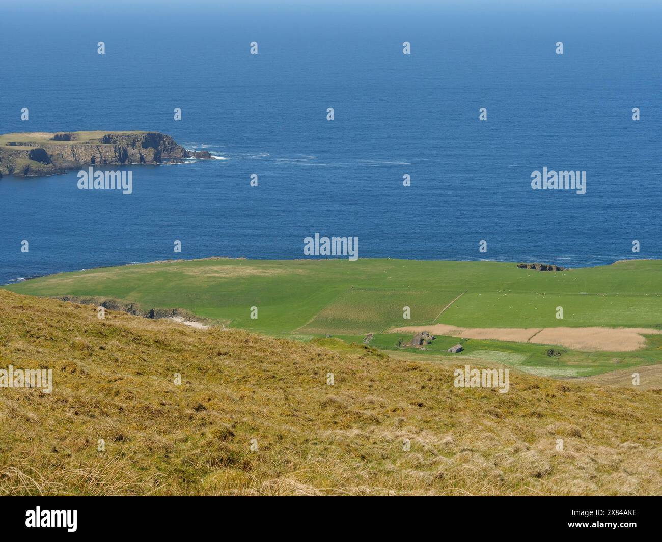 Sea view with green meadows and steep cliffs in a rural setting, wide ...
