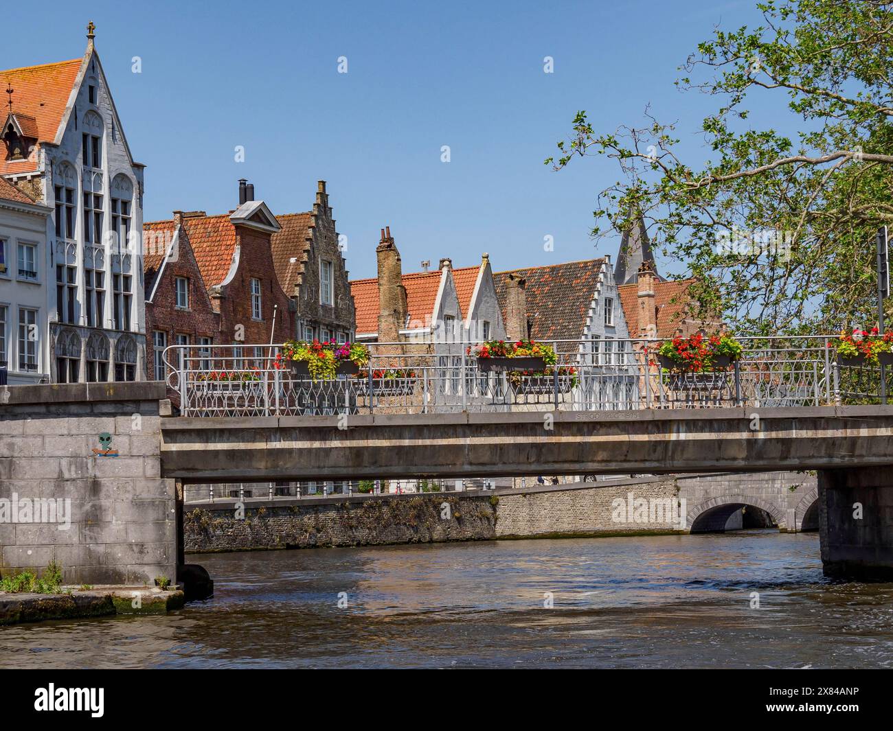 Paved bridge over a canal, surrounded by historic buildings, floral ...