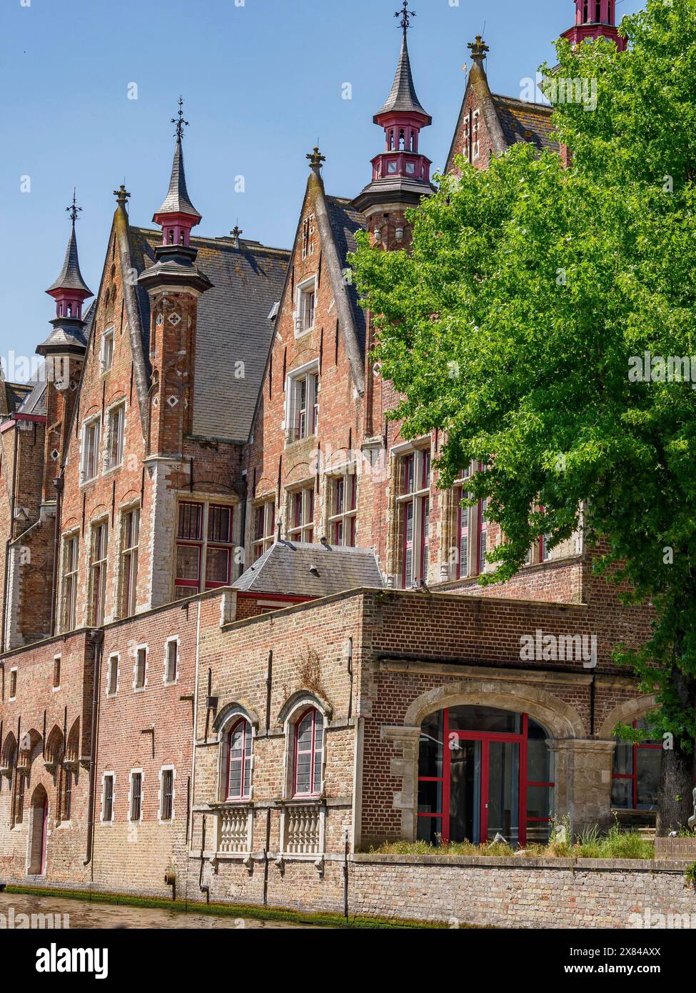 Historic brick building with towers, surrounded by a tree, clear summer ...