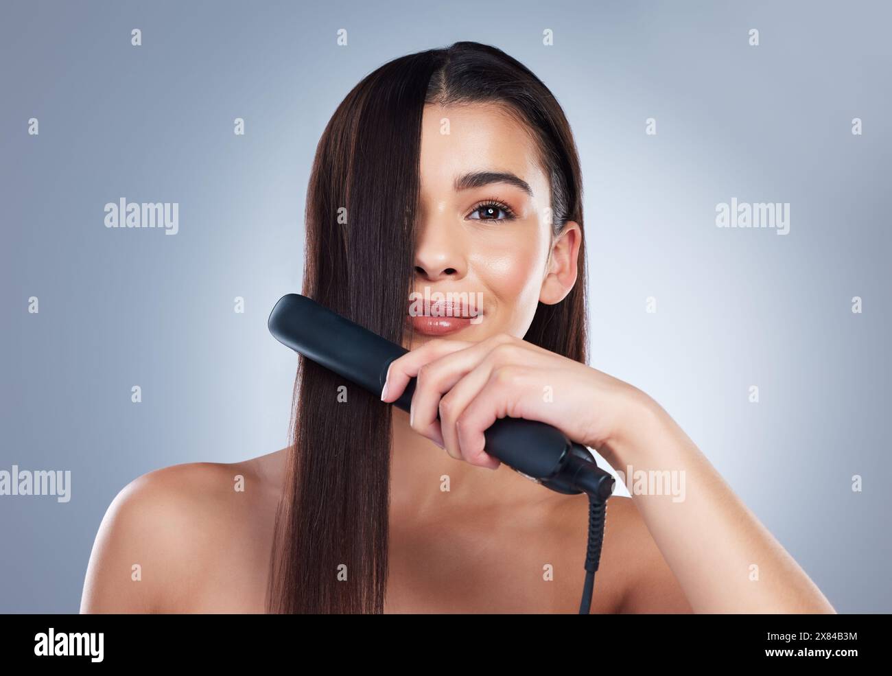 Happy woman, portrait and hair with straightener for heat, care ...