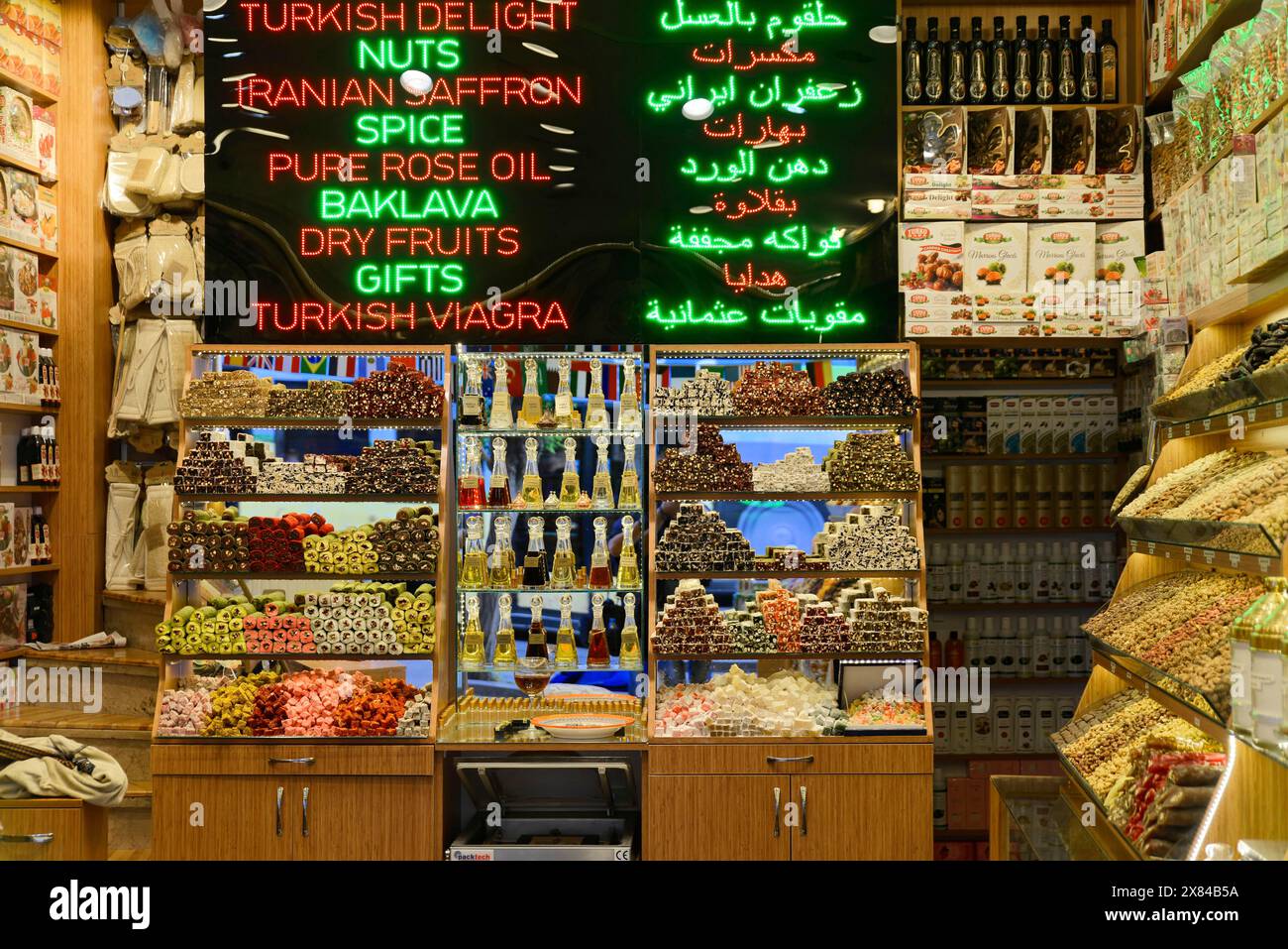 Grand Bazaar, Istanbul, Turkey, Asia, Grocery shop with colourful products and an illuminated ...
