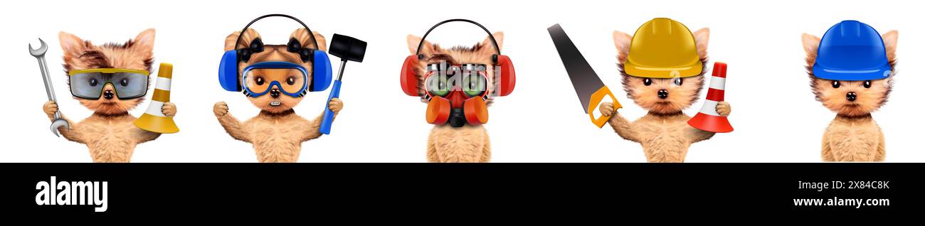 Funny dogs with carpenter tools like wrench, headphones and protective ...
