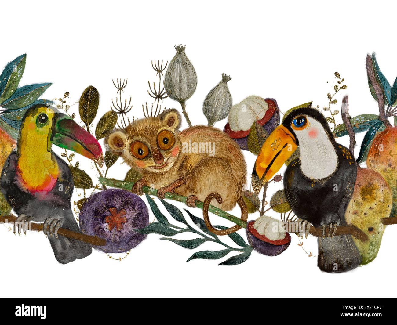 Tropical watercolor wildlife frame with colorful birds, animals, plants ...