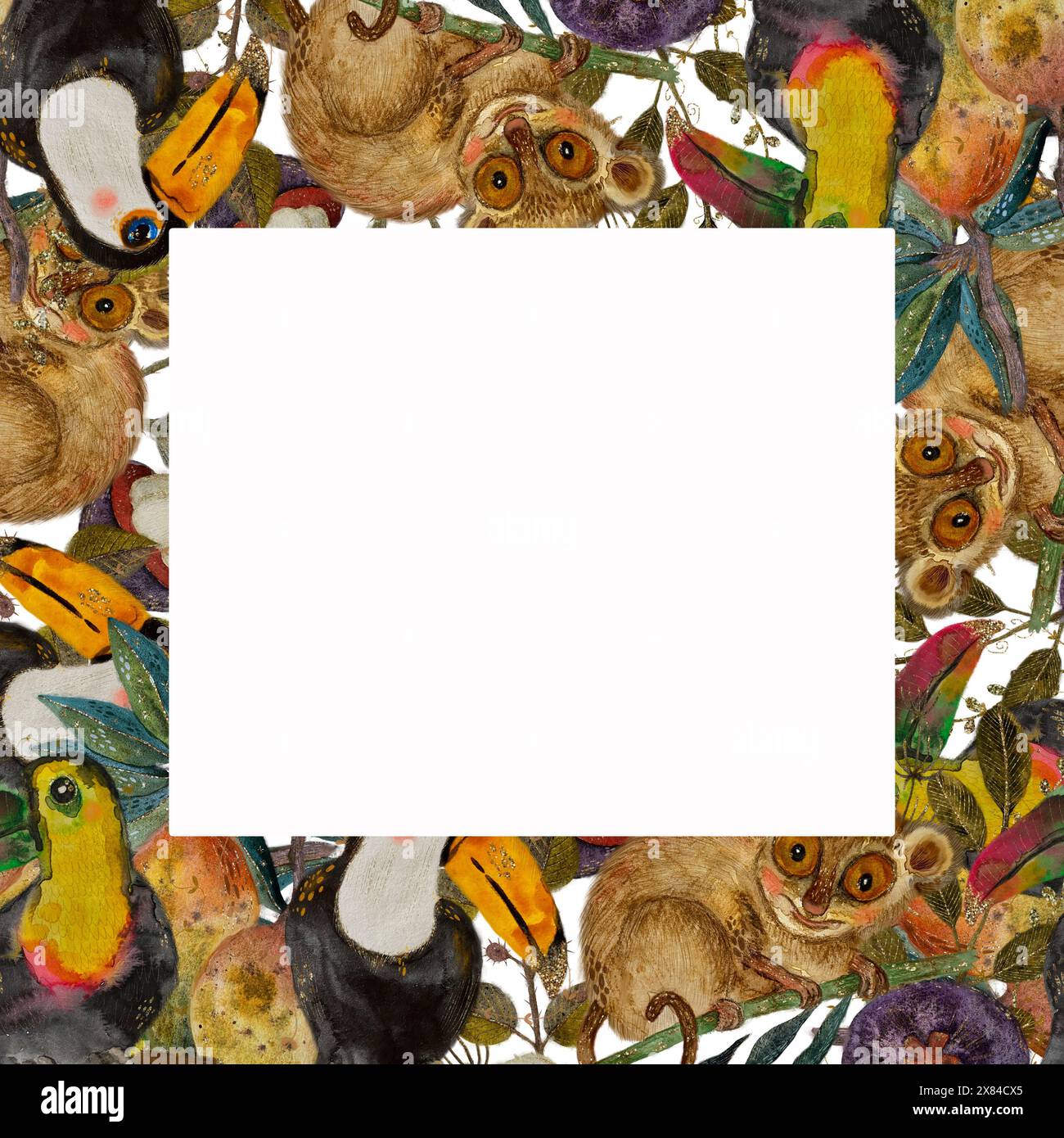 Tropical watercolor wildlife frame with colorful birds, animals, plants ...