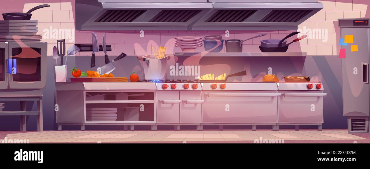 Commercial kitchen interior in restaurant for chef illustration ...