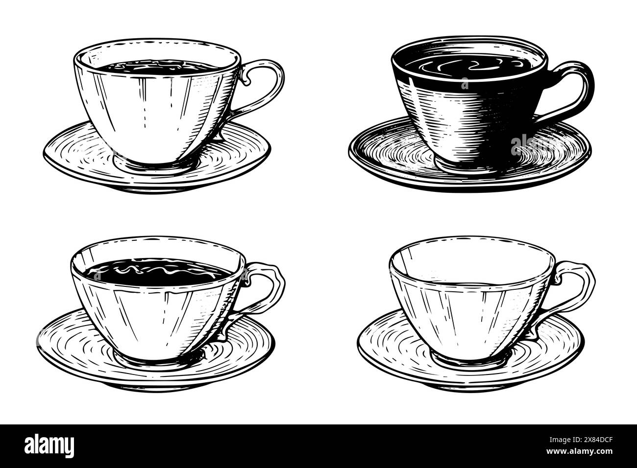 Set of vintage cups or mugs on a plate hand drawn ink sketch. Engraved ...
