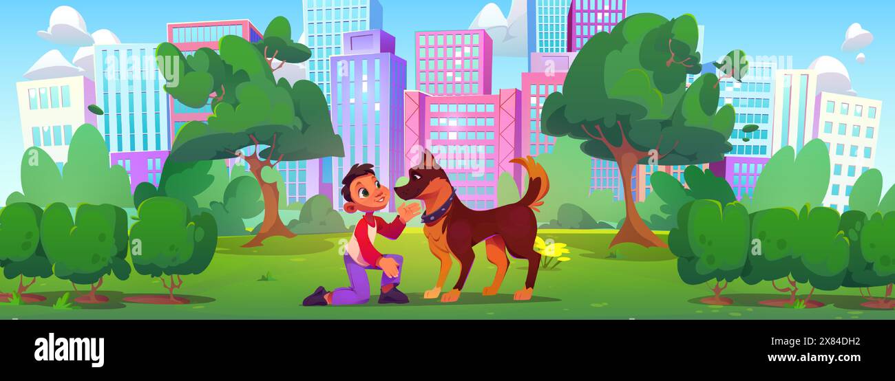 Boy with dog in green city park garden cartoon. Urban summer cityscape ...