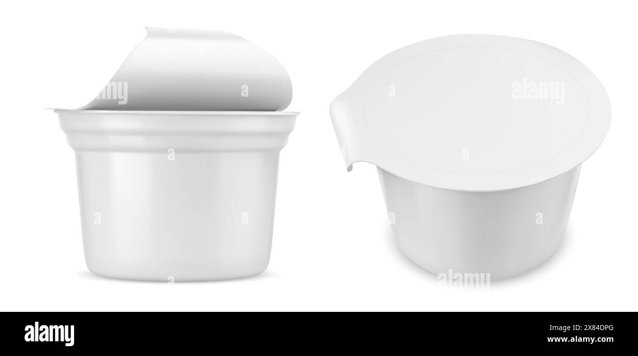 Plastic yogurt package with open cup 3d mockup. Realistic milk cream ...