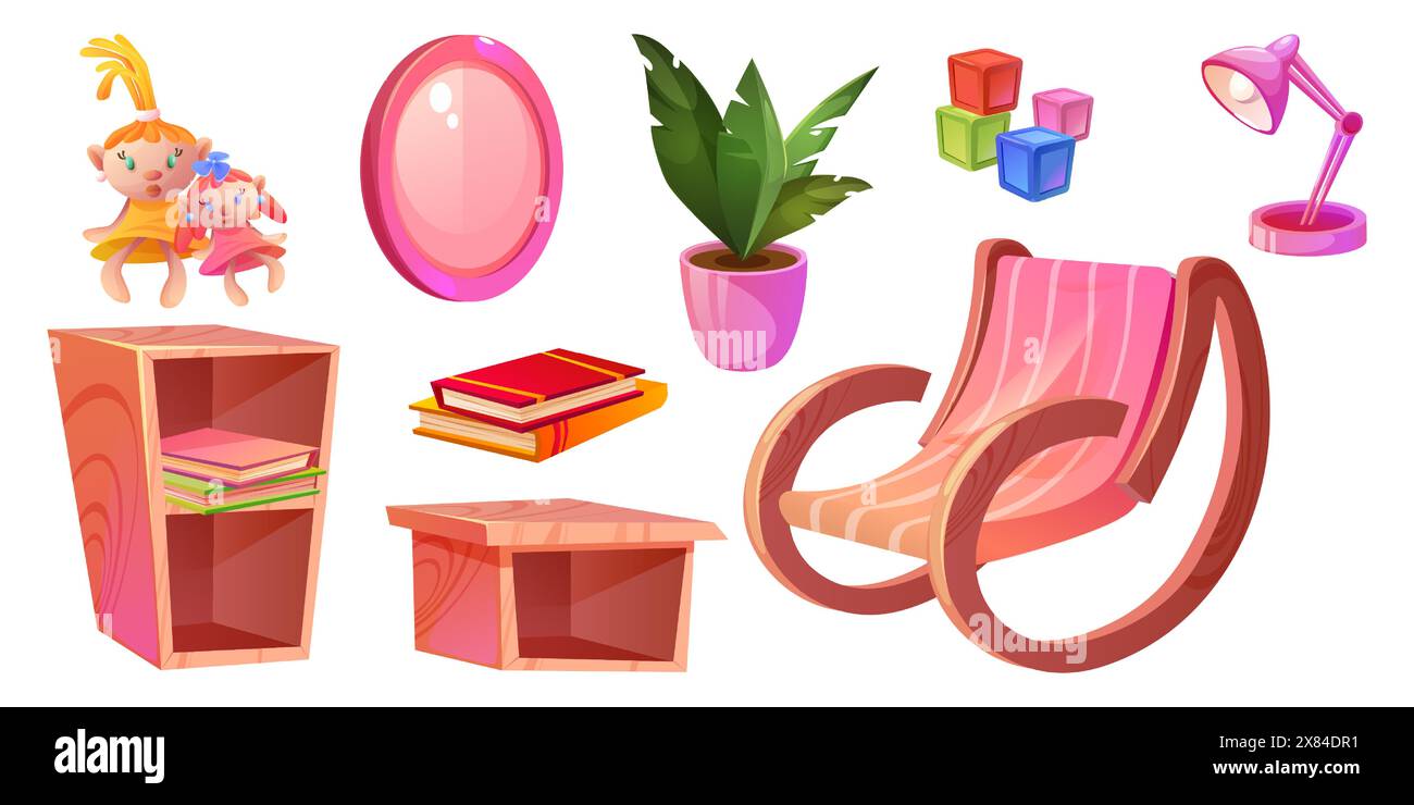 Pink kid girl room interior and furniture cartoon vector. Girly house ...