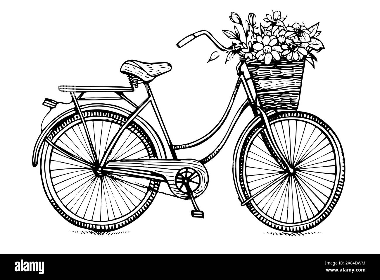 Vintage bicycle with flowers in a basket hand drawn engraved vector ...