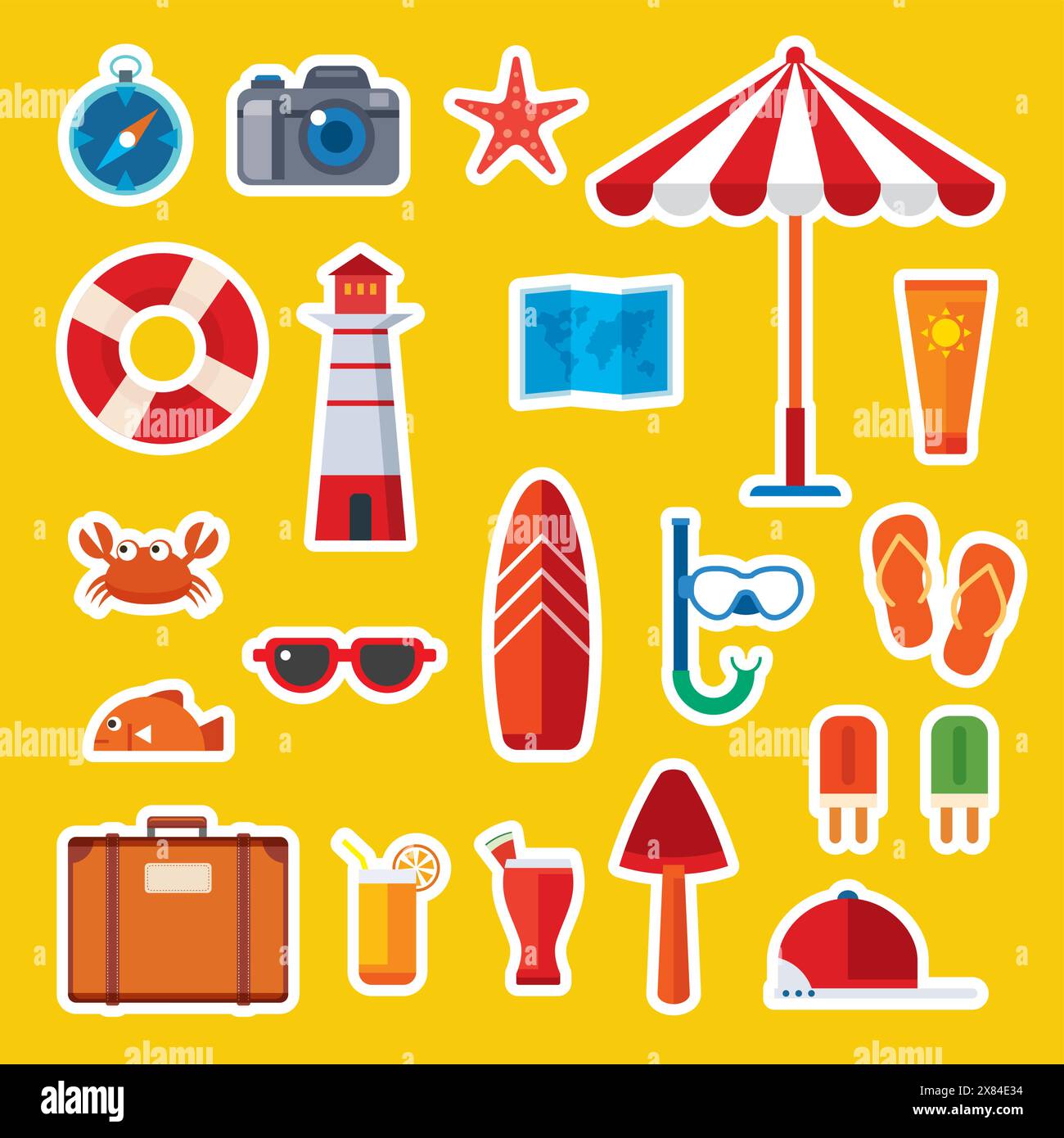 Summer elements signs and symbol stickers flat icon Stock Vector Image ...