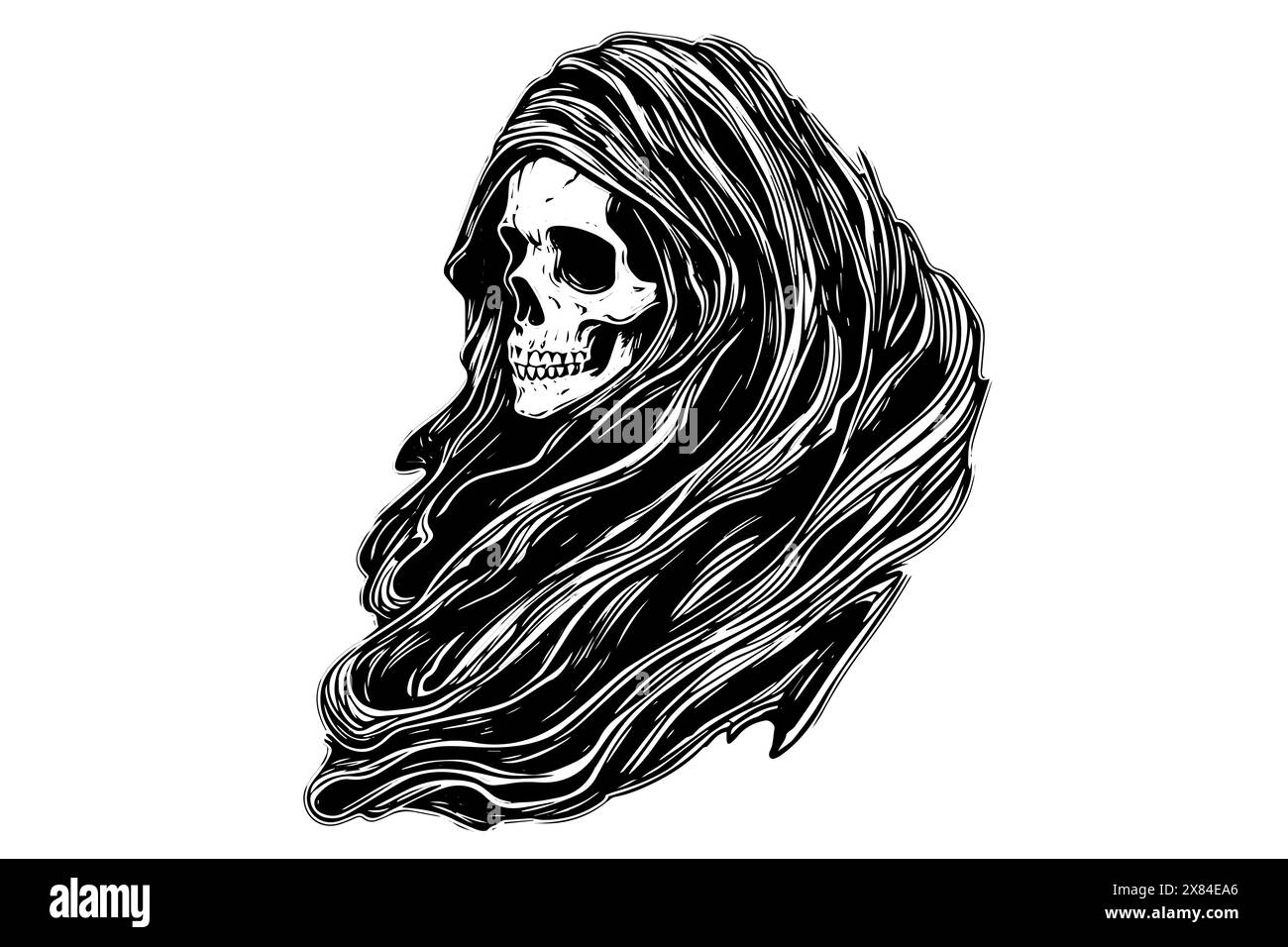 Death skull in a burqa hand drawn ink sketch. Engraved style vector ...