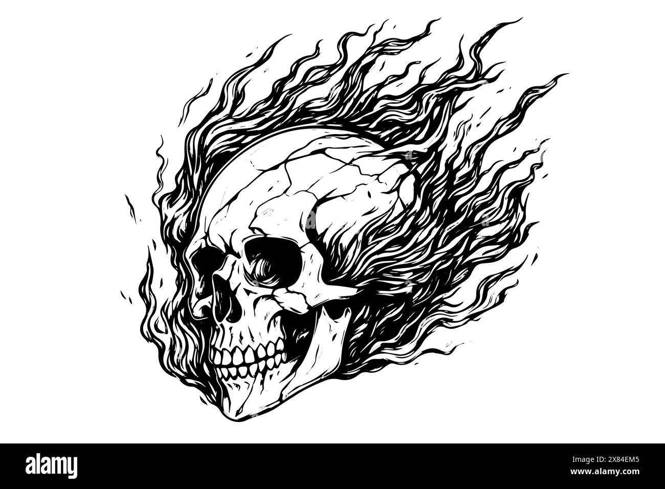 Skull in fire frame hand drawn ink sketch. Engraved style vector ...