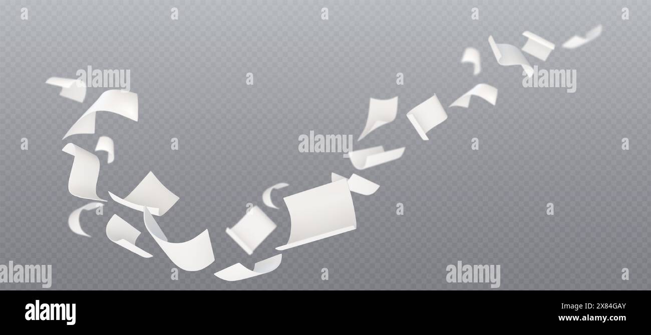 3d fly paper sheet. White page fall swirl on wind. Realistic blank ...