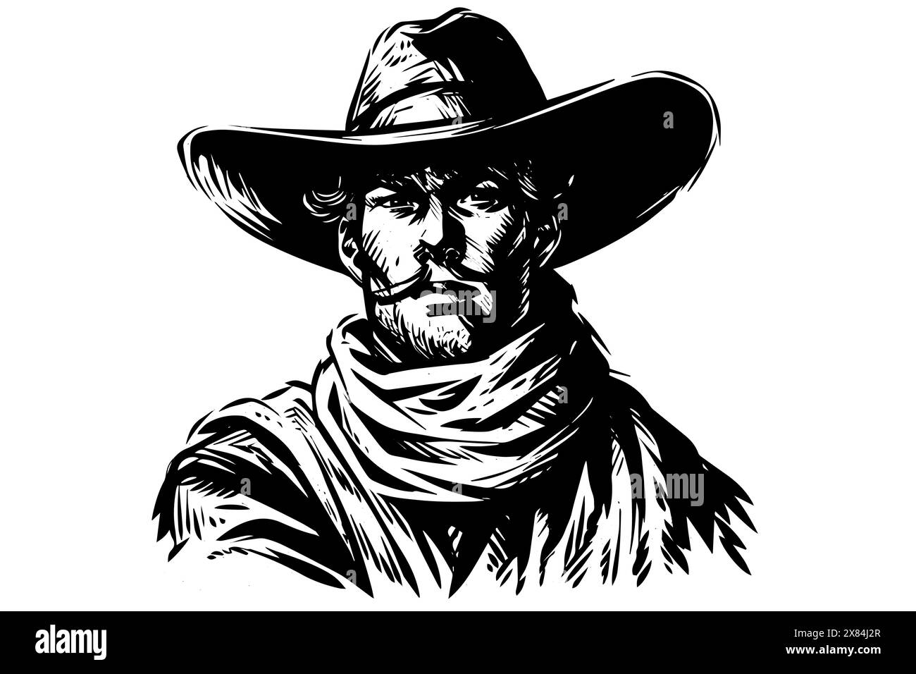 Cowboy bust or head on hat in engraving style. Hand drawn ink sketch ...