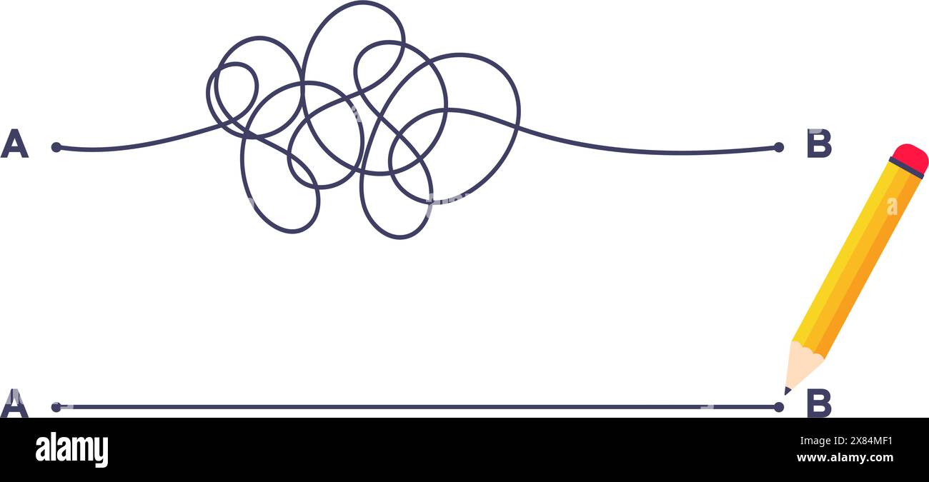 Complex and easy simple way from point A to B vector illustration. Chaos simplifying, problem ...
