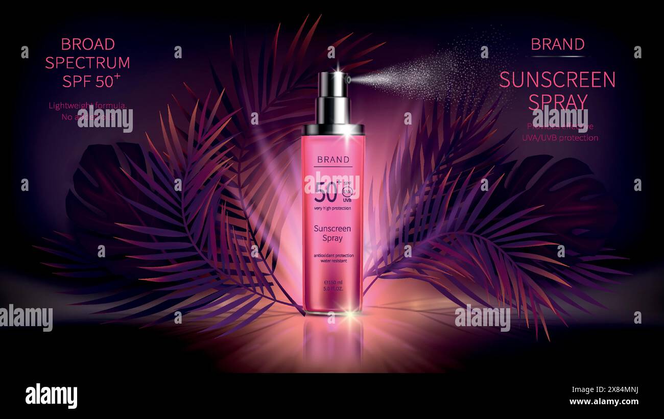 Sun protection cosmetic vector realistic ads poster. Pink spray bottle ...