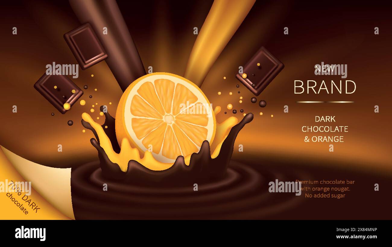 Chocolate and orange slice falling into liquid crown splash realistic ...