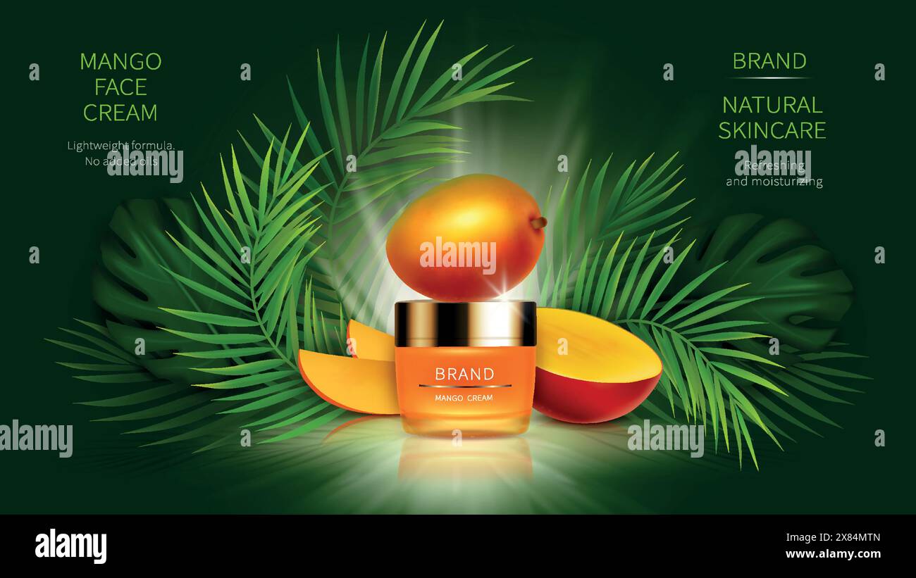 Tropical mango cosmetics realistic vector background. Bottle with ...