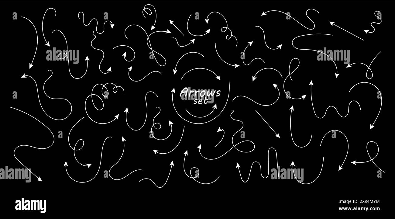 Set of hand drawn thin line arrows. Collection of curved pointers ...