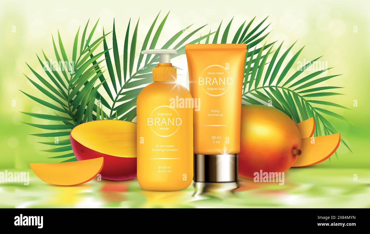 Tropical mango cosmetics realistic vector background. Bottles with ...