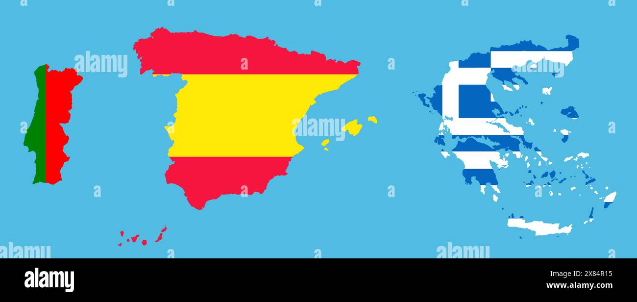 Map of Spain, Portugal and Greece in national flag colors. Map ...