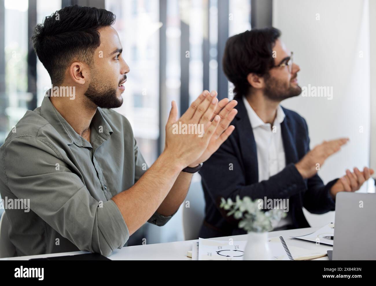 Meeting, applause and business people in office for project success ...