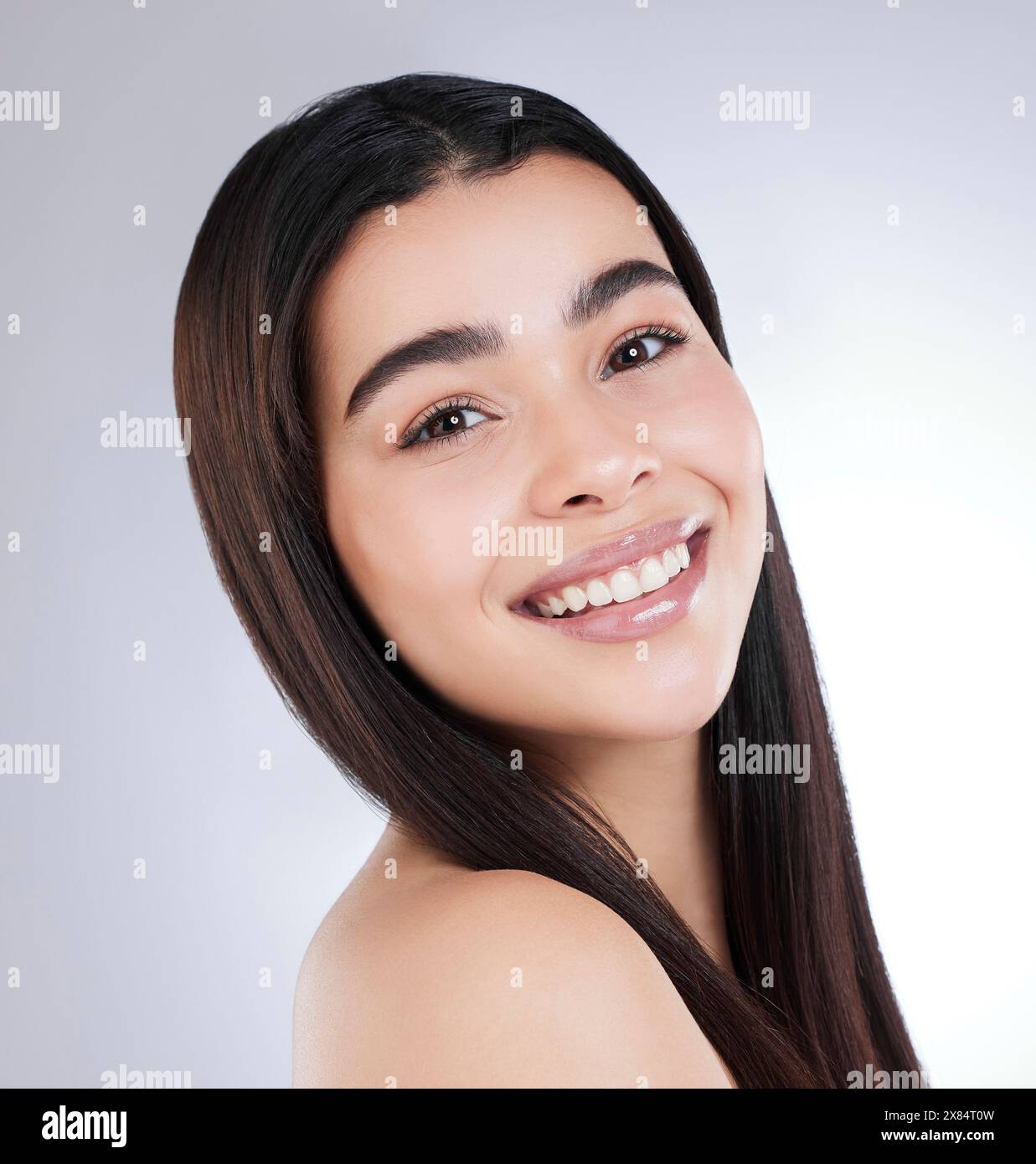 Portrait, happy and woman isolated by studio backdrop for beauty ...