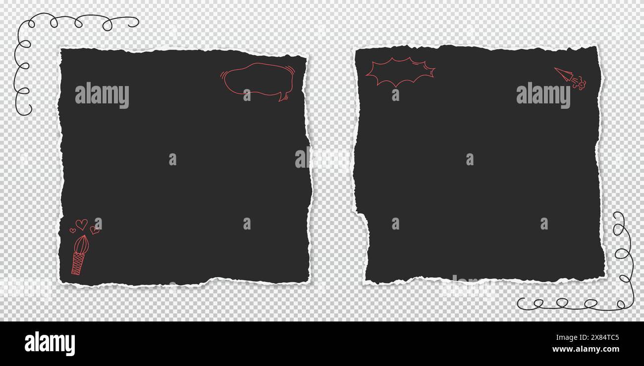 Set of black note paper with torn edges and soft shadow are on squared ...