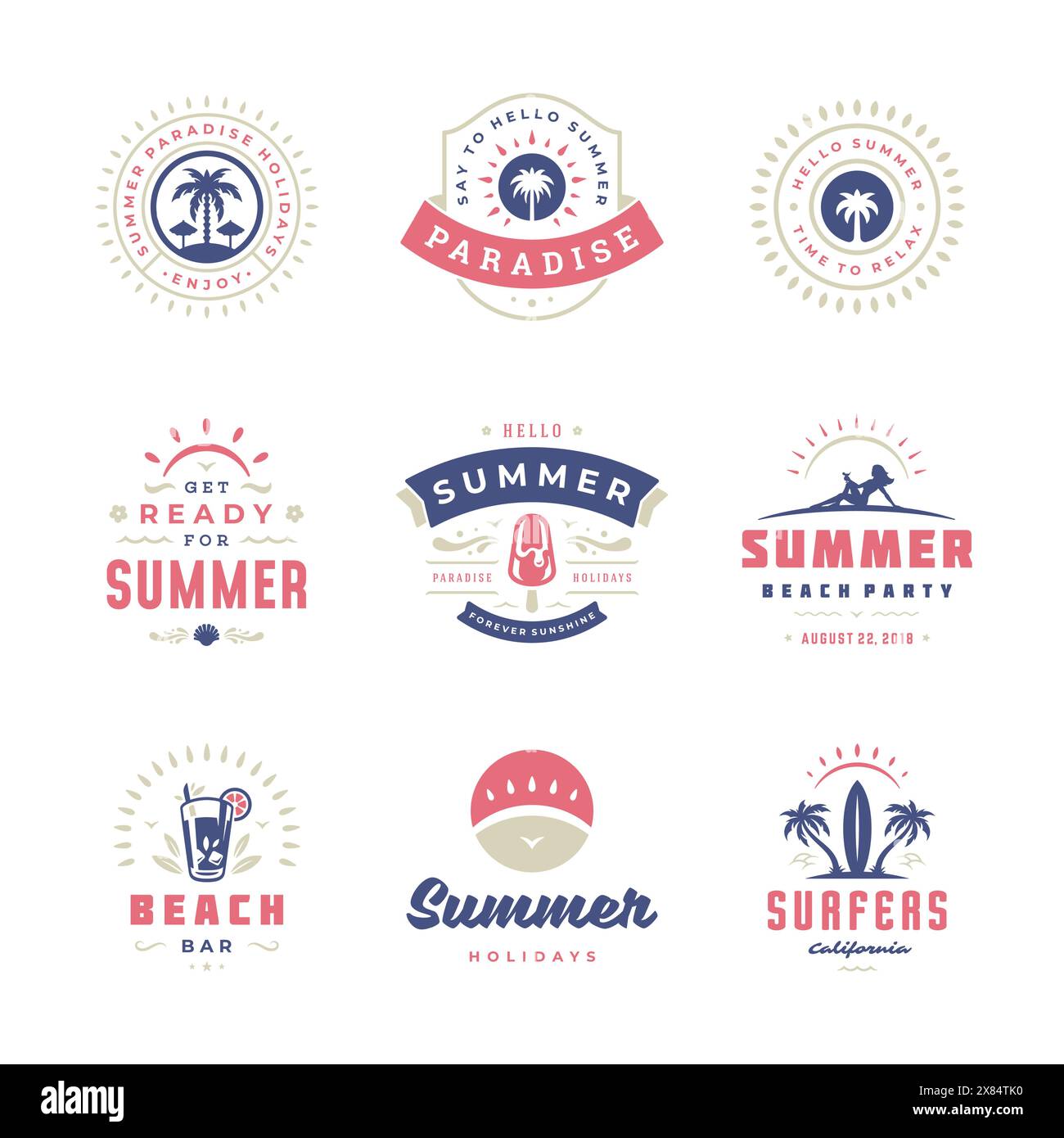 Summer holidays labels and badges retro typography design set ...