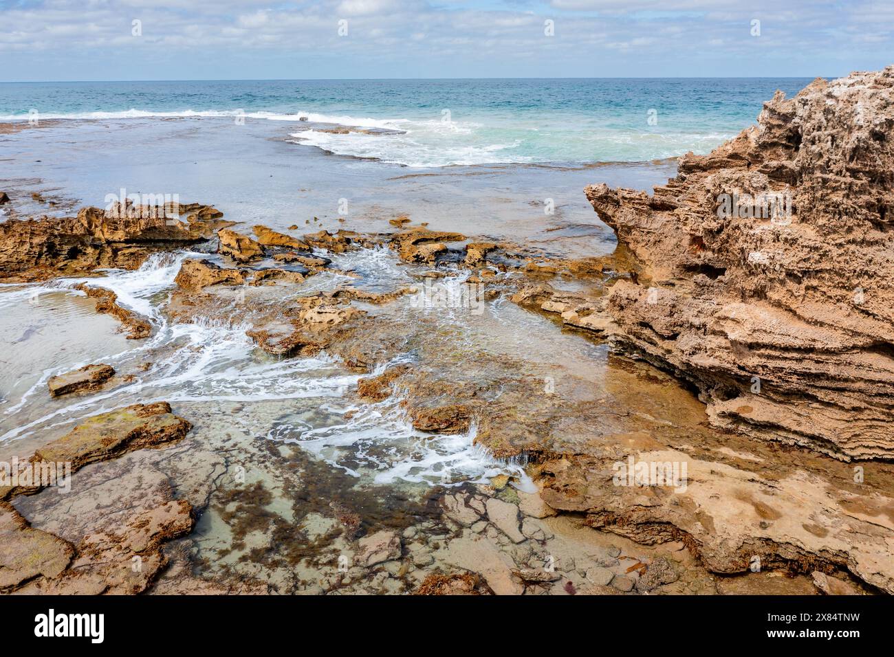 Aerial view of water draining over jagged rock ledges at Point ...
