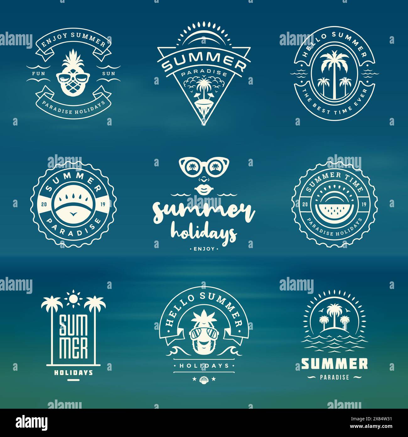 Summer holidays labels and badges retro typography design set ...