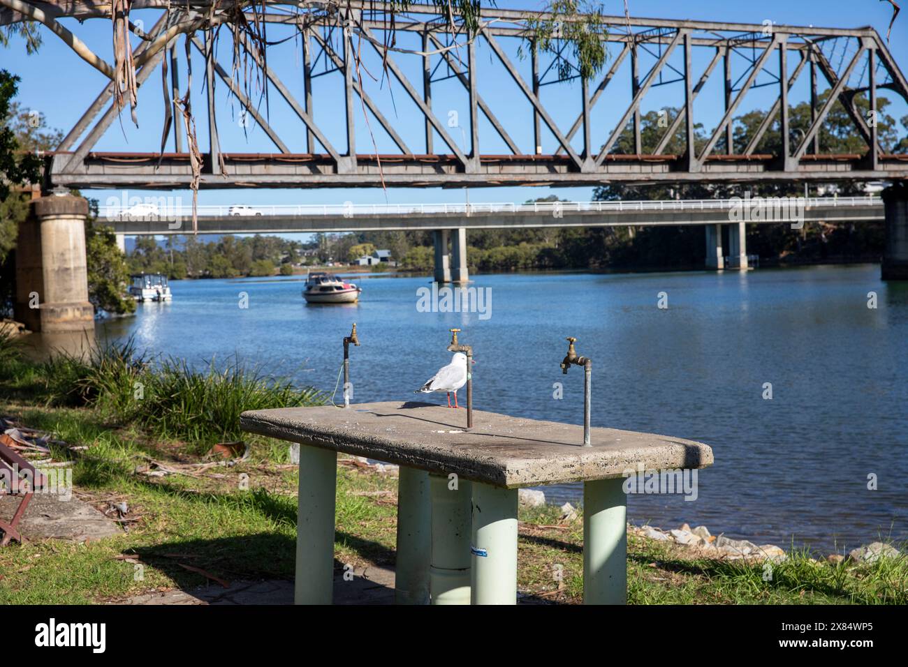 Australia, Kalang river flowing below Urunga river bridge on the east ...