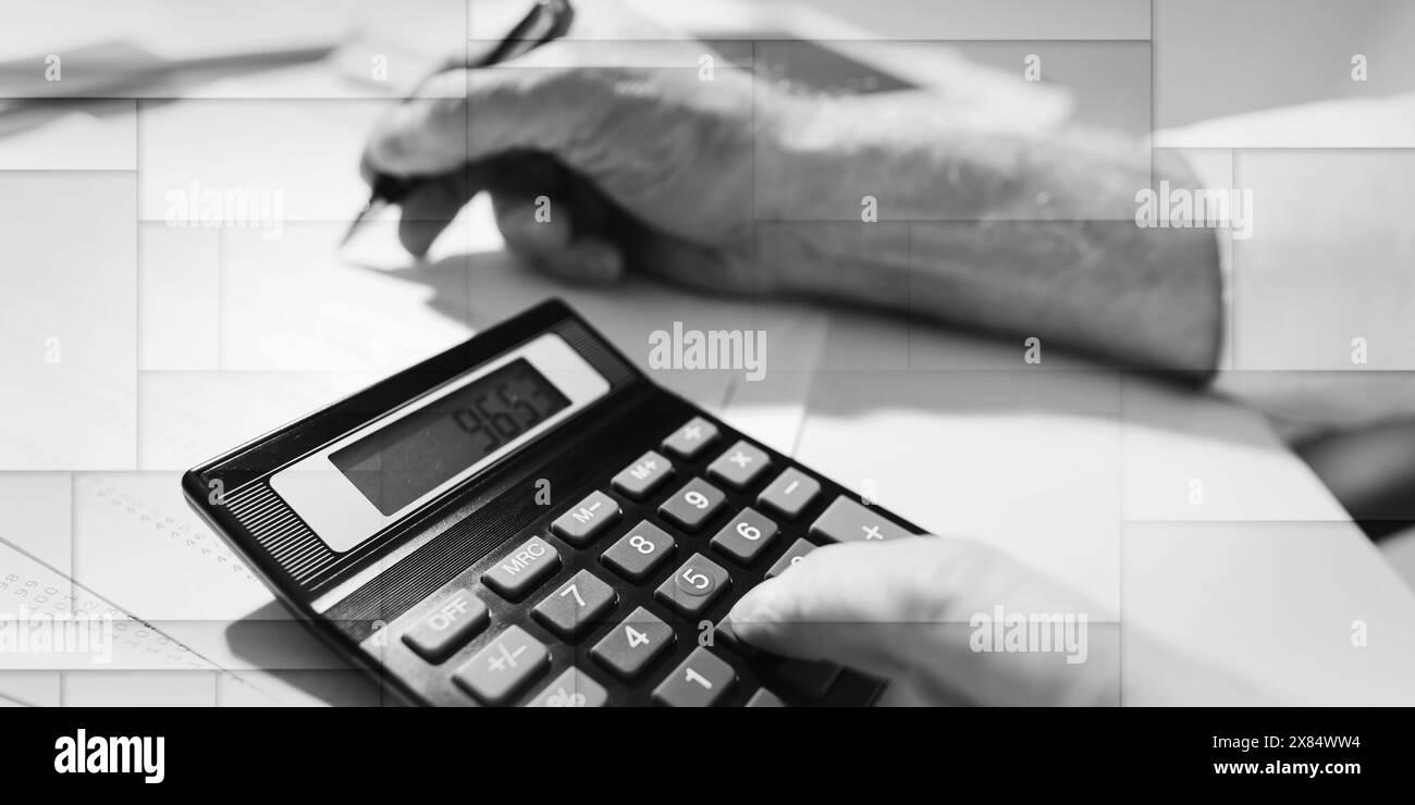 Male hand using calculator, accounting concept, geometric pattern Stock ...