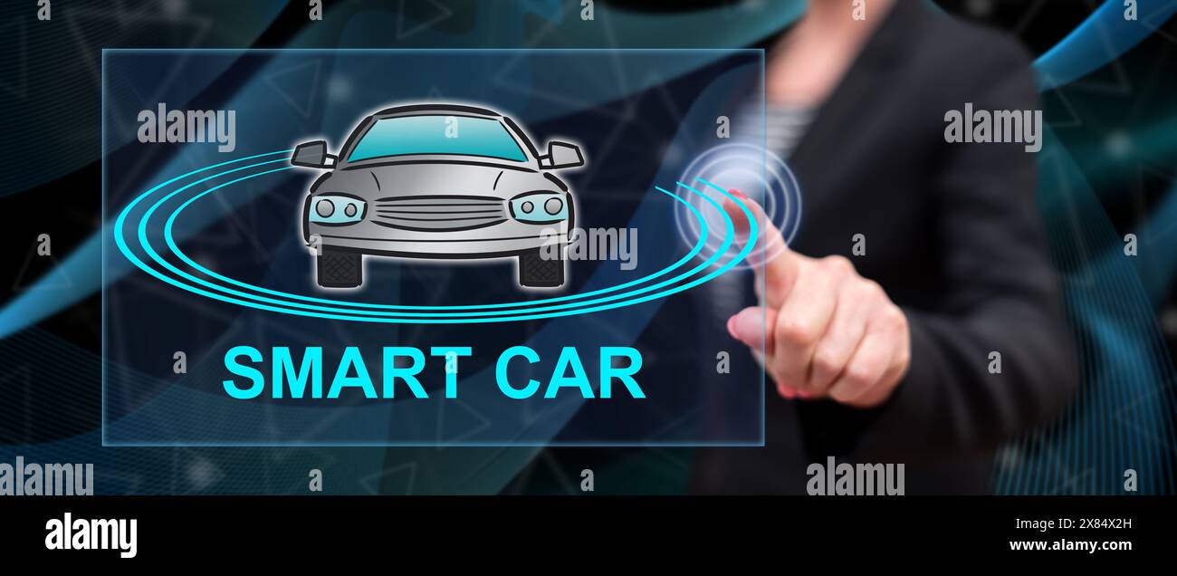 Woman touching a smart car concept on a touch screen with her finger ...