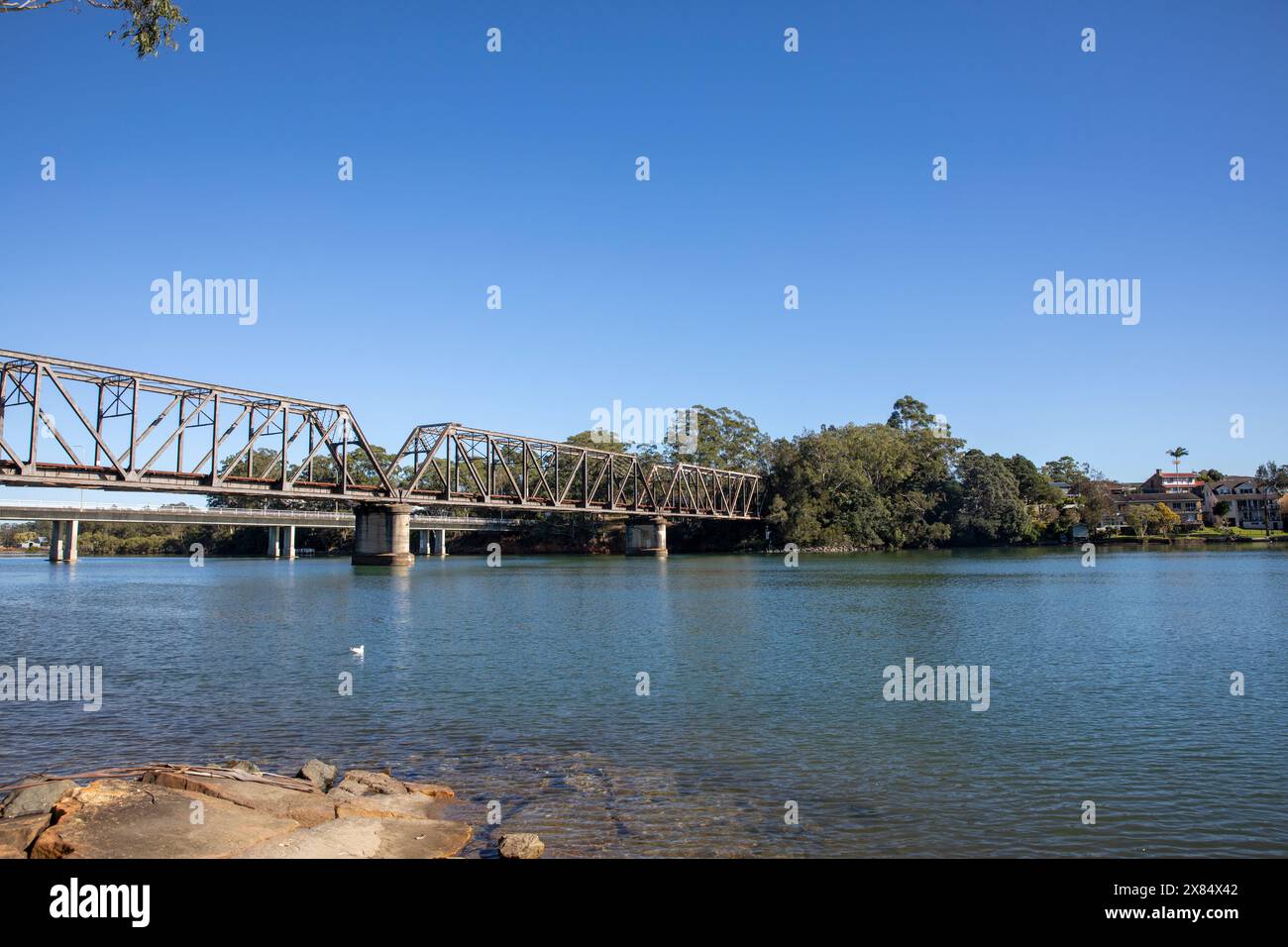 Australia, Kalang river flowing below Urunga river bridge on the east ...